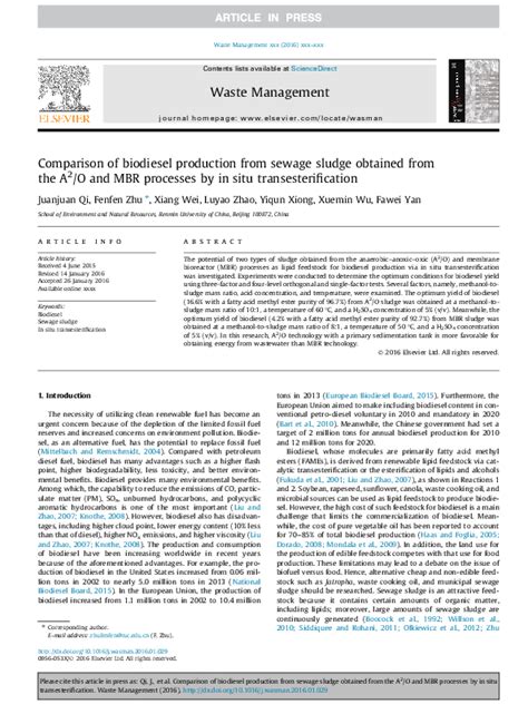 Pdf Comparison Of Biodiesel Production From Sewage Sludge Obtained From The A2o And Mbr