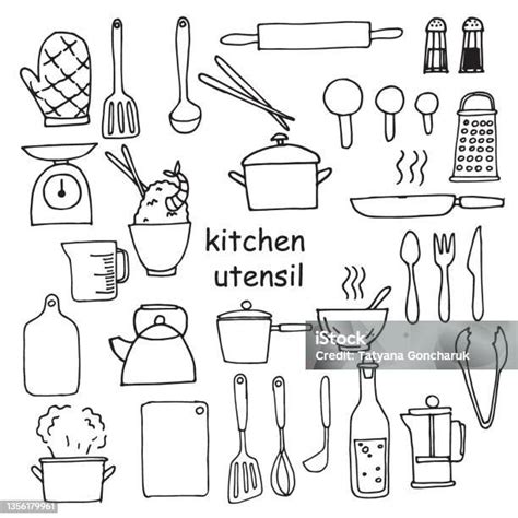 낙서 스타일로 벡터 그리기 부엌 기구 요소 가정 생활 요리세트 아늑한 집 접시에 대한 스톡 벡터 아트 및 기타 이미지 접시 낙서 드로잉 아이콘 Istock