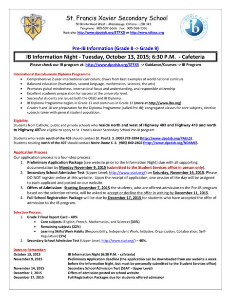 St Francis Xavier Pre Ib Program Information