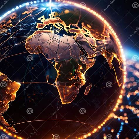 A Futuristic Digital Globe Showcasing Network Connections And Data Streams Stock Illustration