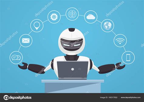 Chat Bot Robot Virtual Assistance Robot Sits Behind A Laptop With Help Icons Around It