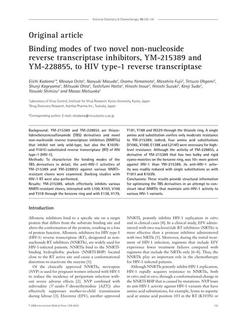 Pdf Binding Modes Of Two Novel Non Nucleoside Reverse Transcriptase