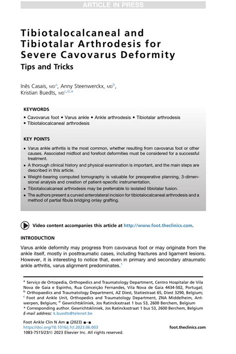 Pdf Tibiotalocalcaneal And Tibiotalar Arthrodesis For Severe Cavovarus Deformity