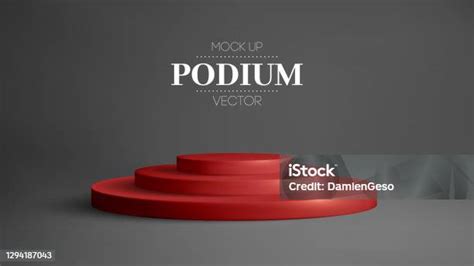 검은 방에 빨간 연단 사실적인 3d 라운드 스테이지 벡터 수상 경력이 있는 플랫폼 스튜디오 0명에 대한 스톡 벡터 아트 및 기타