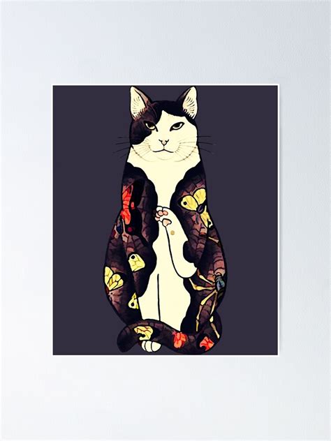 Cool Antique Japanese Woodblock Print Cat With Butterfly Spider And Tattoos Poster For Sale