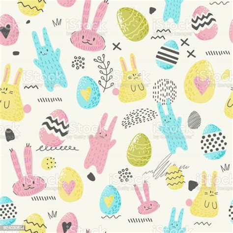행복 한 부활절 달걀 토끼 꽃과 완벽 한 패턴입니다 봄 배경 직물 포장지 및 인사말 카드에 대 한 벡터 일러스트 레이 션 4월에 대한 스톡 벡터 아트 및 기타 이미지