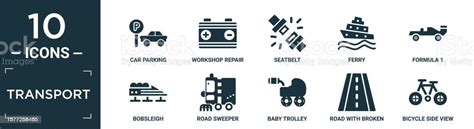 채워진 전송 아이콘 세트입니다 플랫 주차 작업장 수리 안전 벨트 페리 포뮬러 1 봅슬레이 도로 스위퍼 아기 트롤리 파선이 있는 도로 편집 가능한 자전거 측면 보기 아이콘이