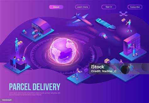 글로벌 배달 서비스 착륙 페이지 소포 를 배달하는 과정 트럭과 상자창고 자동차로 배송 해상 운송 사람들이 택배 무인 항공기로