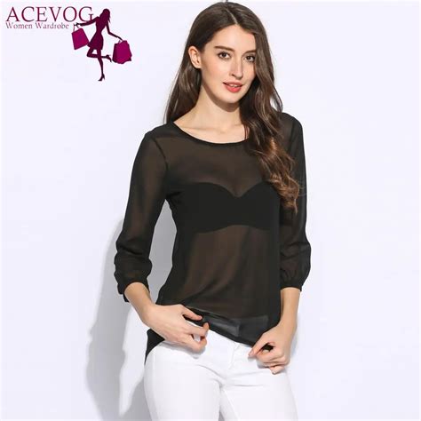 다시 시스루 여성 레이스 패치 워크 34 소매 풀오버 쉬폰 블라우스블라우스 And 셔츠 Aliexpress