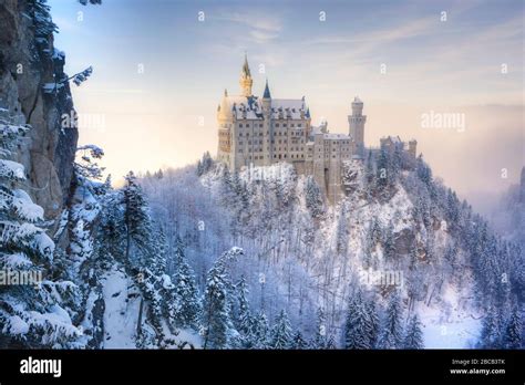 Germany Bavaria Schwangau Neuschwanstein Castle In Winter Stock