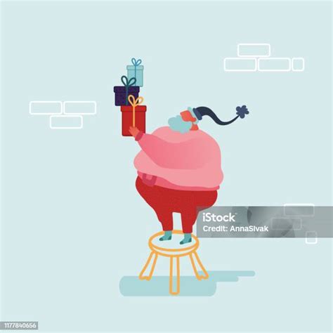 플랫 스타일의 재미있는 크리스마스 산타 클로스 선물을 주는 산타 세트 선물을 준비 하 고 있습니다 크리스마스 카드 디자인 종이축제 캐릭터 벡터 일러스트레이션 12월에 대한