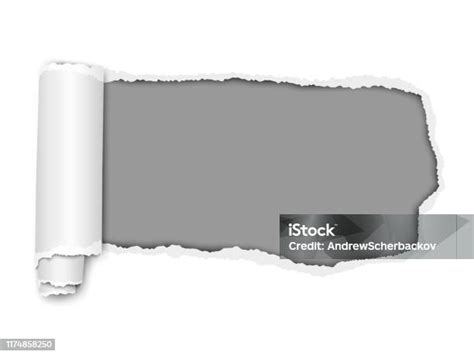 구멍에 부드러운 그림자 종이 컬과 회색 배경과 밝은 흰색 종이에 오른쪽에서 왼쪽으로 길게 찢어진 구멍 벡터 그림입니다 종이 모형 0명에 대한 스톡 벡터 아트 및 기타 이미지