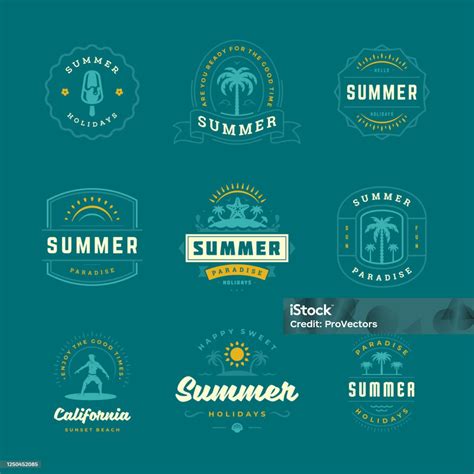 여름 휴가 라벨 및 배지 복고풍 타이포그래피 디자인 세트 배지에 대한 스톡 벡터 아트 및 기타 이미지 배지 복고풍 열대 기후 Istock