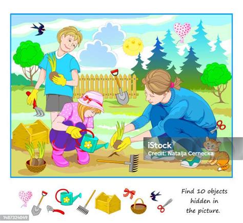 아이들을 위한 논리 퍼즐 게임 그림에 숨겨진 10 개의 물체를 찾으십시오 봄 정원에서 일하는 아이들 교육 페이지 온라인 플레이 Iq 테스트 세심함을위한 작업 벡터 만화