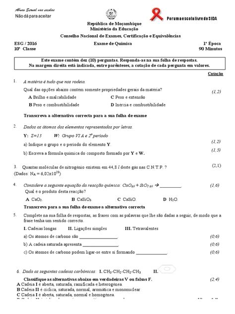 Exame De Quimica 10 Classe 2016 Pdf Química Ciências Físicas