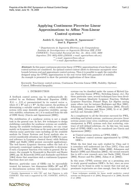 Pdf Applying Continuous Piecewise Linear Approximations To Affine Non Linear Control Systems