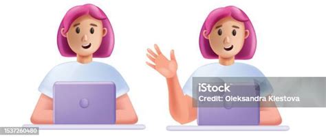 3d 여자 노트북 벡터 사람 홈 오피스 만화 여성 프리랜서 캐릭터 웃고 있는 젊은 노동자 3차원 형태에 대한 스톡 벡터 아트 및