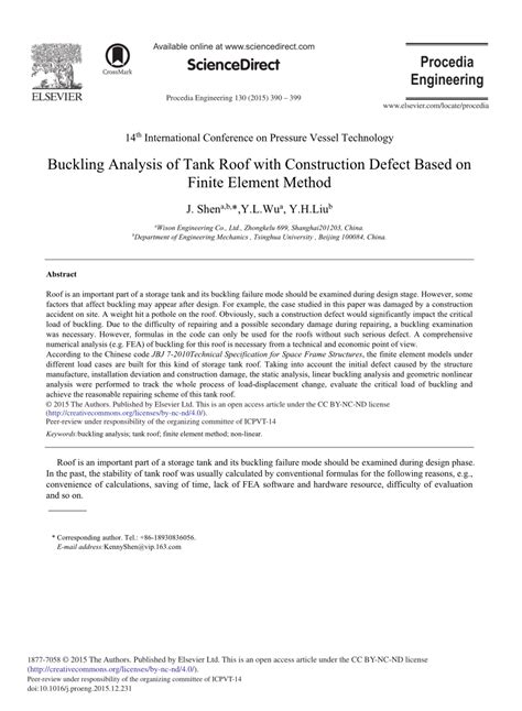 Pdf Buckling Analysis Of Tank Roof With Construction Defect Based On Finite Element Method