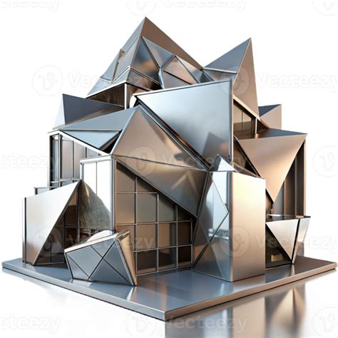 Serene Vintage Deconstructivist Building Fragmented Forms Sharp Angles Metallic Surfaces