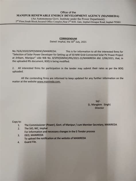 Corrigendum Tender For Selection Of Solar Power Developer For Setting