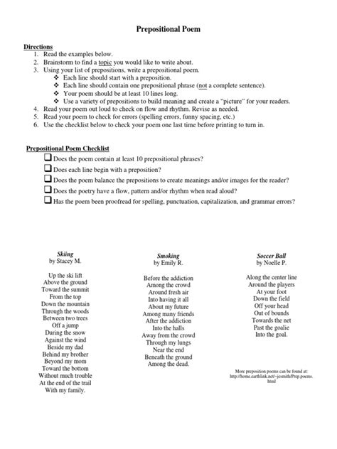 Preposition Poem Assignment Pdf Preposition And Postposition Poetry