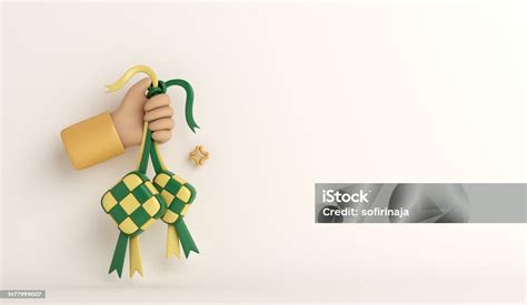 케투팟 레바란 장식 배경 라마단 카림 이드 알 피트르 아다 복사 공간 텍스트 영역 3d 그림을 들고 있는 만화 손으로 행복한 이드 무바라크 개념 3차원 형태에 대한 스톡