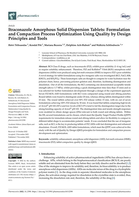 Pdf Itraconazole Amorphous Solid Dispersion Tablets Formulation And Compaction Process