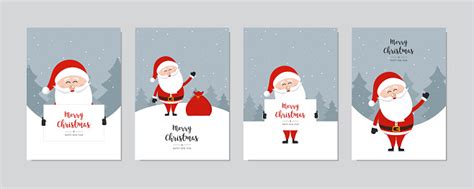 귀여운 산타 클로스 카드 세트입니다 메리 크리스마스와 새해 복 주 인사겨울 눈 덮인 배경 문자 벡터입니다 크리스마스 카드 세트입니다 12월에 대한 스톡 벡터 아트 및 기타