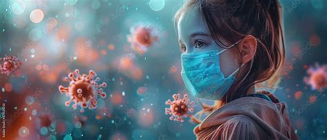 A Young Girl Masked And Vigilant Stands Among An Array Of Floating 3d Virus Particles Set