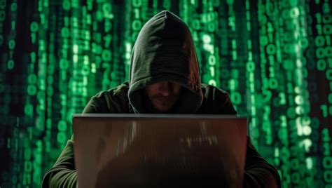 Premium Photo Hooded Hacker Using Laptop Against Green Binary Code On