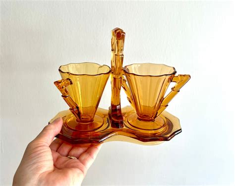 Cambridge Amber Glass Art Deco Creamer Sugar Caddy Decagon Pattern 1096