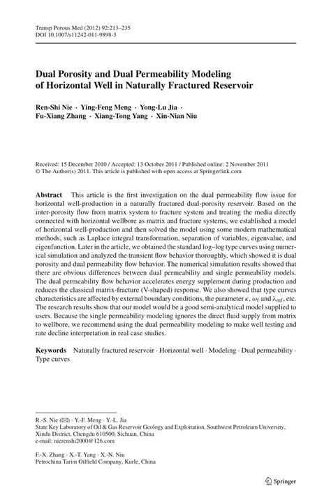 Pdf Dual Porosity And Dual Permeability Modeling Of Horizontal Well
