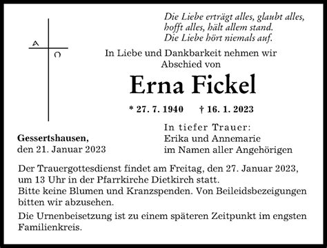 Traueranzeigen Von Erna Fickel Augsburger Allgemeine Zeitung