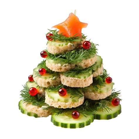 오이 슬라이스를 곁들인 크리스마스 트리 카나페 축제 크리스마스 간식을 위한 연어 페이트와 레드 캐비어 크리스마스 식사 성탄절 저녁 Png 일러스트 및 이미지 에 대한