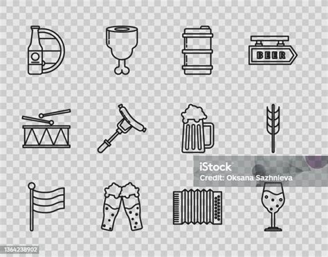 세트 라인 국립 독일 국기 금속 통 맥주 병과 나무 배럴 소시지 포크 악기 아코디언과 쌀 밀 옥수수 귀리 호밀 보리 아이콘으로 설정 시리얼 벡터 검은색에 대한 스톡 벡터