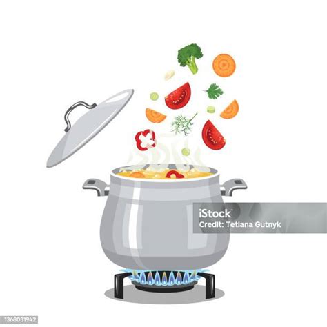 가스 난로에 냄비에 수프를 끓입니다 요리 개념 만화 플랫 스타일로 냄비에 음식의 벡터 그림 팬 주방용구에 대한 스톡 벡터 아트
