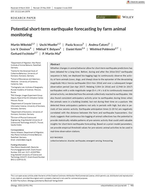 Ethology 2020 Wikelski Potential Short‐term Earthquake