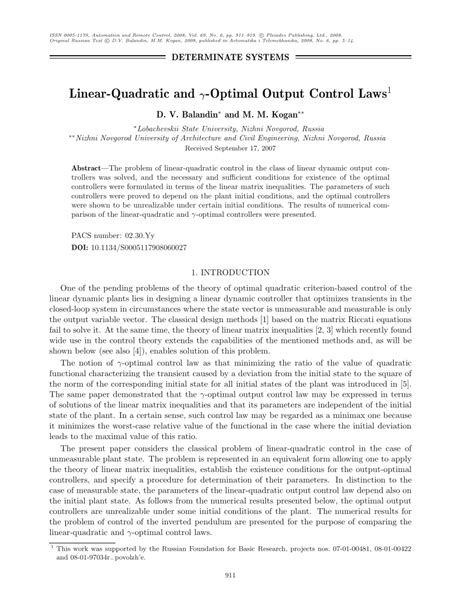 Pdf Linear Quadratic And γ Optimal Output Control Laws