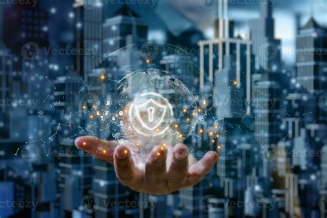 Shield Icon And Hud In Hands Of Cyber Security In Smart City Digital