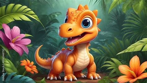 Dinosaurs In The Triassic Period Age In The Green Grass Land And Blue