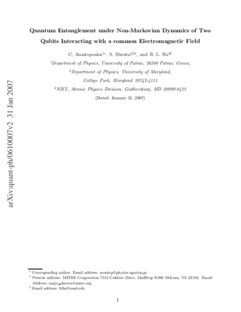 Pdf Quantum Entanglement Under Non Markovian Dynamics Of Two Qubits
