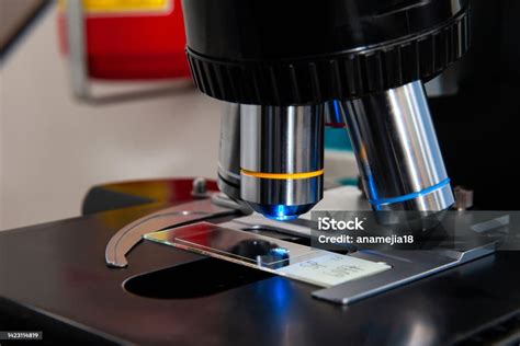 Closeup Of A Slide Been Analyzed Under A Fluorescence Microscope In A