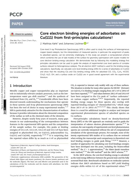 Pdf Core Electron Binding Energies Of Adsorbates On Cu111 From First Principles Calculations