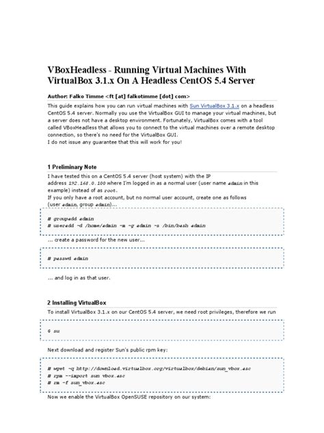 Vboxheadless Running Virtual Machines With Virtual Box 31x On A Headless Centos 54 Server Pdf