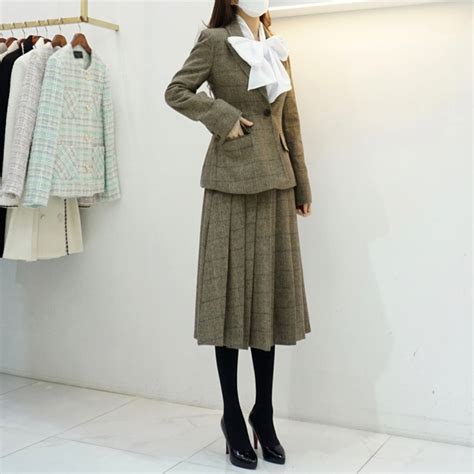 울 글렌체크 싱글 자켓 A라인 주름 스커트 투피스 셋업 여성 치마정장 세트 2컬러 네이버 블로그