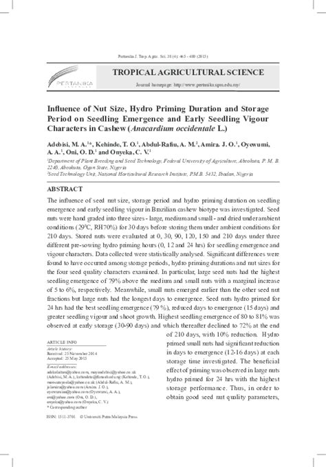 Pdf Tropical Agricultural Science Influence Of Nut Size Hydro