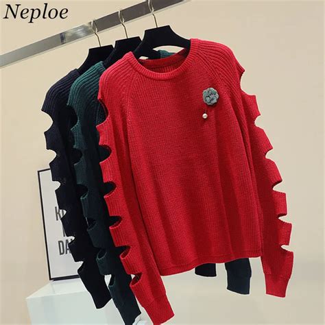 Neploe Knitted Female Pullover Hollow Out Sleeve Fake Pearl Flower