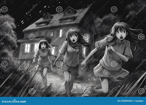 Manga Girls Sneaking Around A Haunted House Trying To Scare Each Other