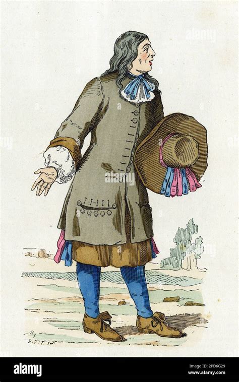 Costume De Paysan Francais Au Xviieme Siecle Gravure En Couleurs D