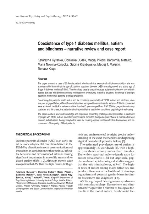 Pdf Coexistence Of Type 1 Diabetes Mellitus Autism And Blindness Narrative Review And Case